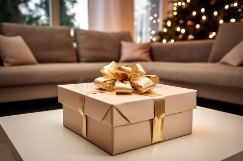 An Open Gift Box on a Classy Living Room Sofa Stock Image - Image of ...