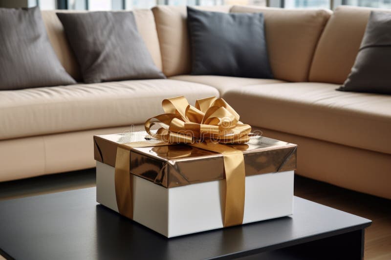 An Open Gift Box on a Classy Living Room Sofa Stock Photo - Image of ...