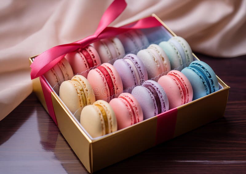 Open Gift Box with Colorful Macarons and Ribbon Stock Illustration ...