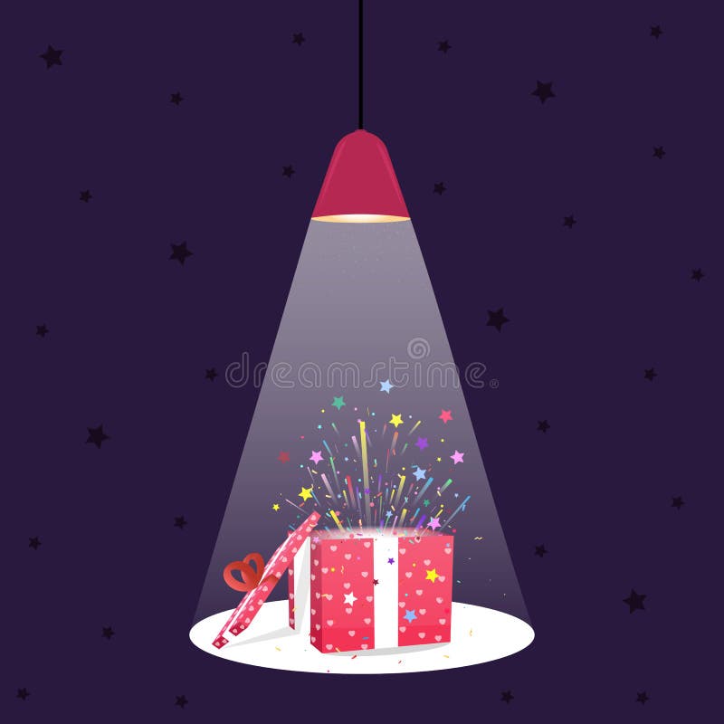 Open Gift Box with Fly Stars and Confetti. Christmas Background. Vector ...