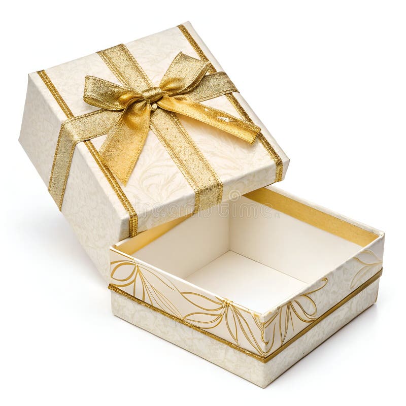 Open Gift Box with Gold Ribbons on White Background Stock Illustration ...