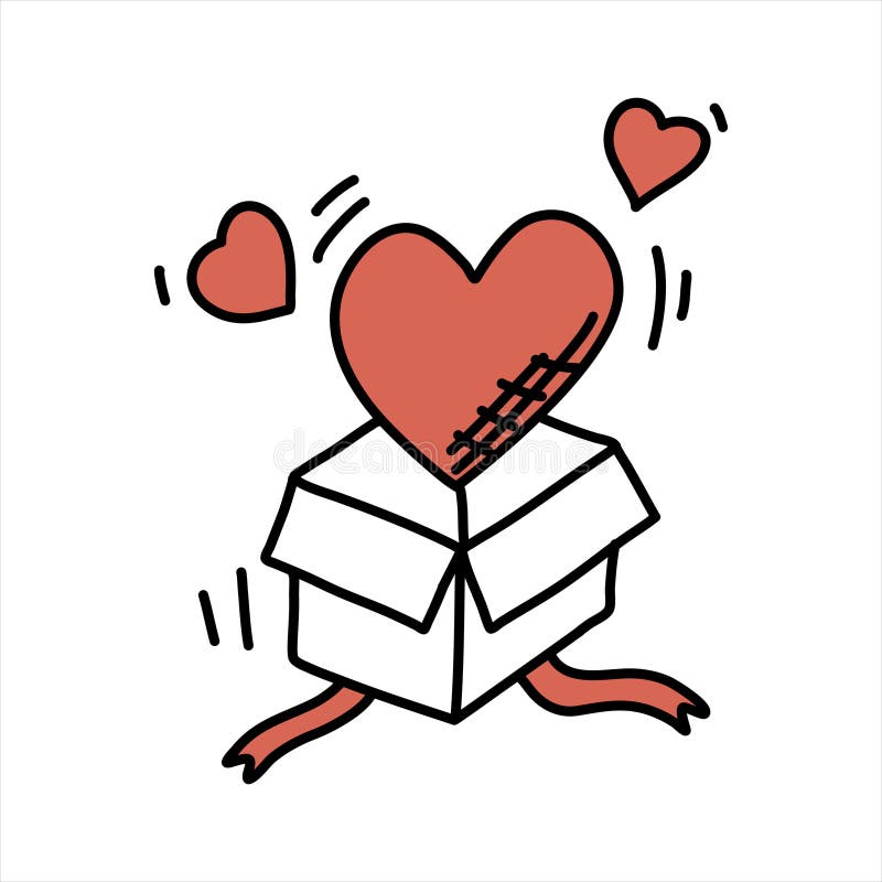 An Open Gift Box with a Heart Flying Out of it, Doodle Vector ...