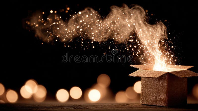 An Open Gift Box with Magical Golden Sparkles and Smoke Stock ...