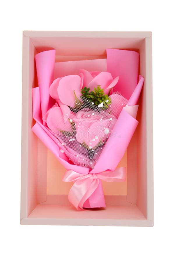 Open Gift Box with Pink Ribbon and Flower Inside, Isolated on White ...