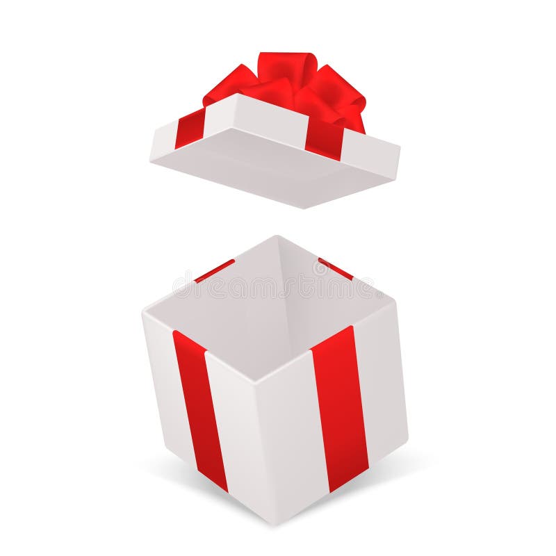 Open Gift Box. Realistic Cardboard Cube Container with Red Bow Angle ...