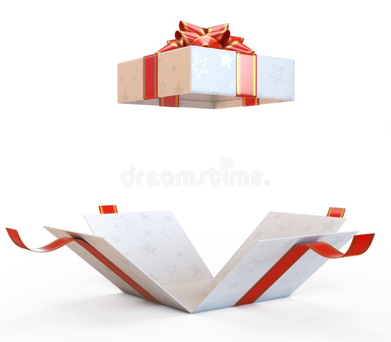 Open Gift Box with Red Bow and Ribbon, Present Exploding 3d Rendering ...