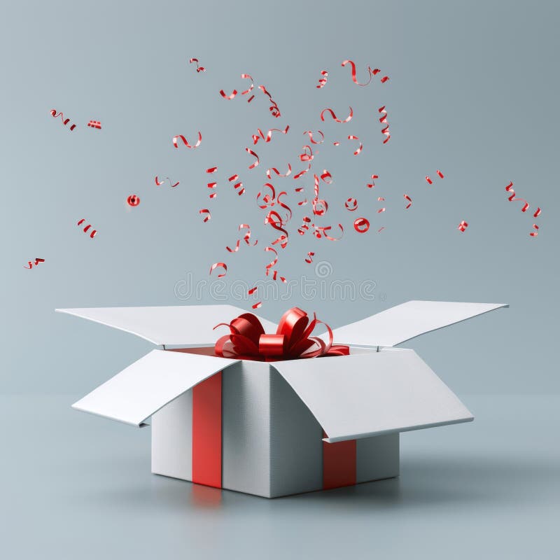 Open Gift Box with Red Ribbon Flying Out - 3D Render on Grey Background ...