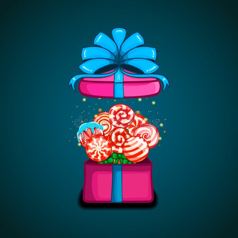Open Gift Box with Vector Cartoon Lollipop Stock Vector - Illustration ...