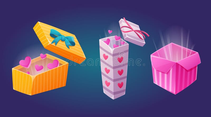 Open Gift Boxes with Light Inside and Hearts. Set of Vector Isolated ...