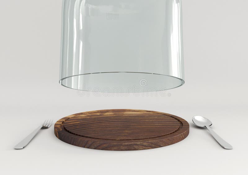 Open Glass Lid and Wooden Tray with Spoon and Fork Stock Illustration ...
