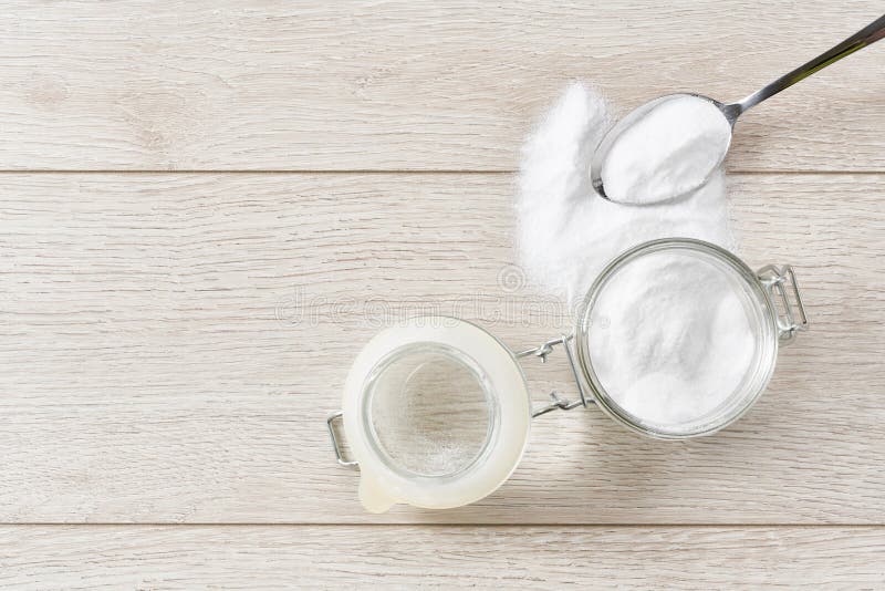 Open Jar of Baking Soda on a White Kitchen Table, Top View Stock Image ...