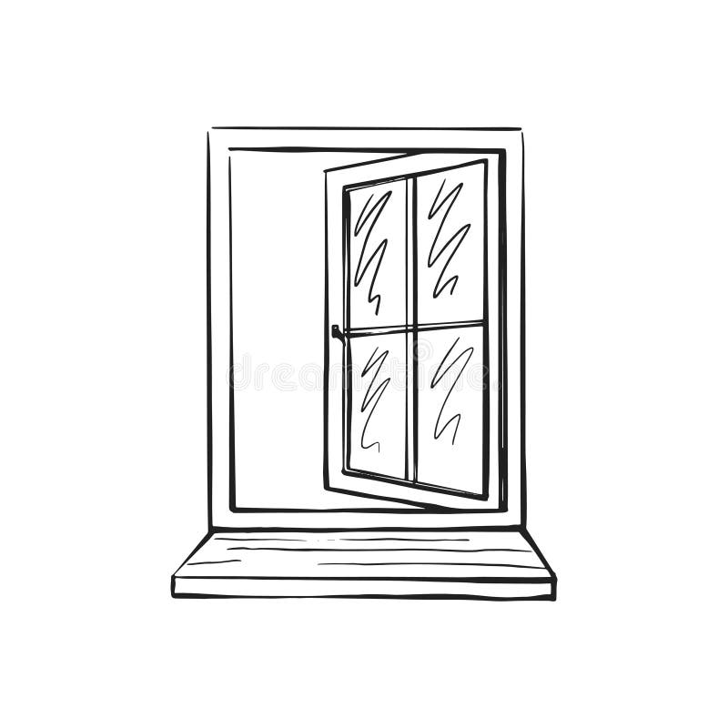 Open Glazed Window in a Frame. Sketch on a White Isolated Background ...