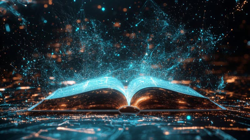 Open Glowing Book with Digital Light Stock Illustration - Illustration ...