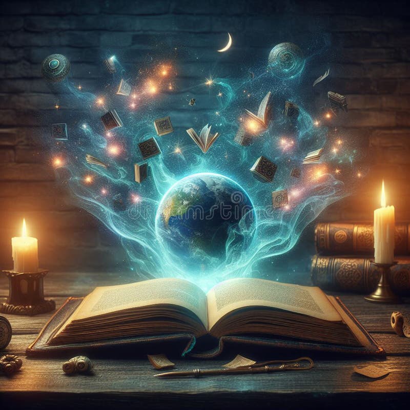 Open Glowing Neon Magic Book Lying on the Table. Illustration Created ...