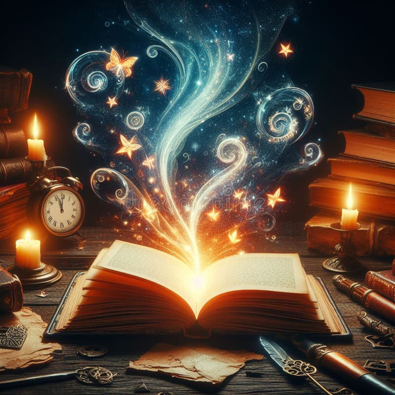 Open Glowing Neon Magic Book Lying on the Table. Illustration Created ...