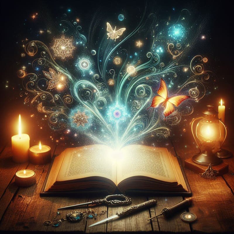 Open Glowing Neon Magic Book Lying on the Table. Illustration Created ...