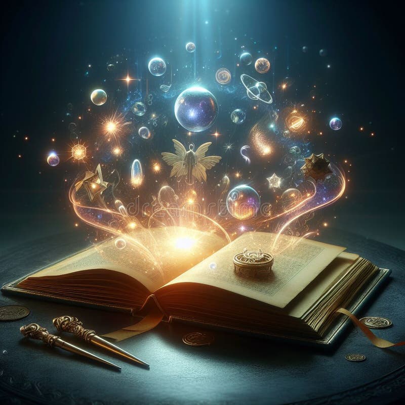 Open Glowing Neon Magic Book Lying on the Table. Illustration Created ...