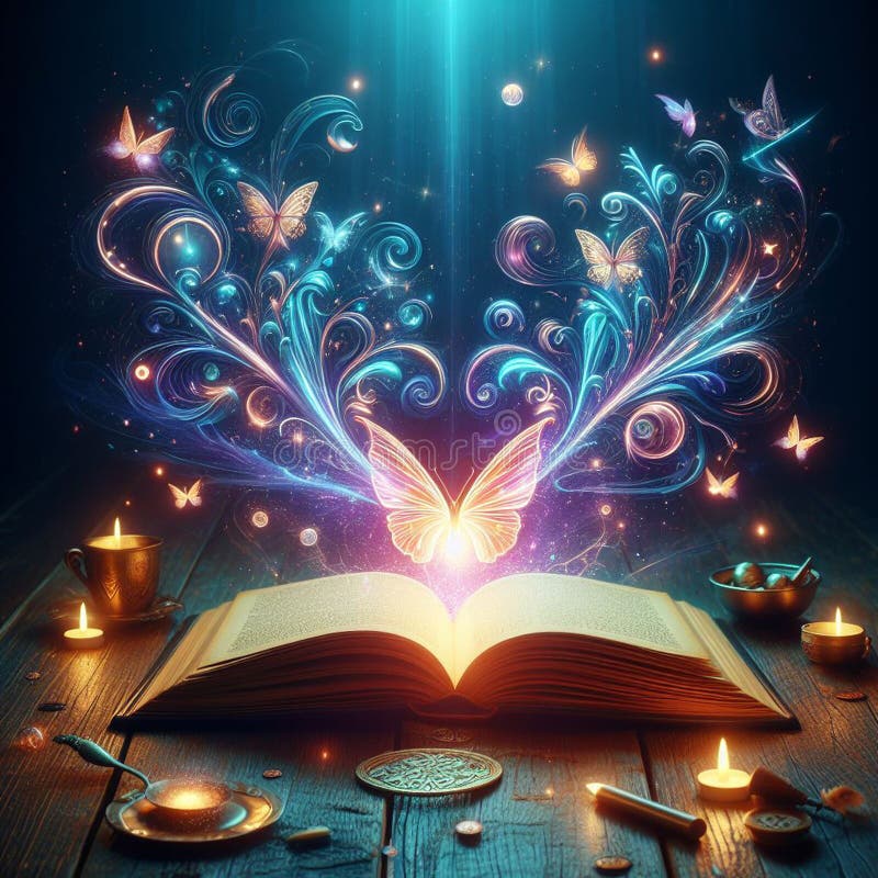 Open Glowing Neon Magic Book Lying on the Table. Illustration Created ...