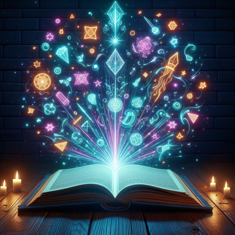 Open Glowing Neon Magic Book Lying on the Table. Illustration Created ...
