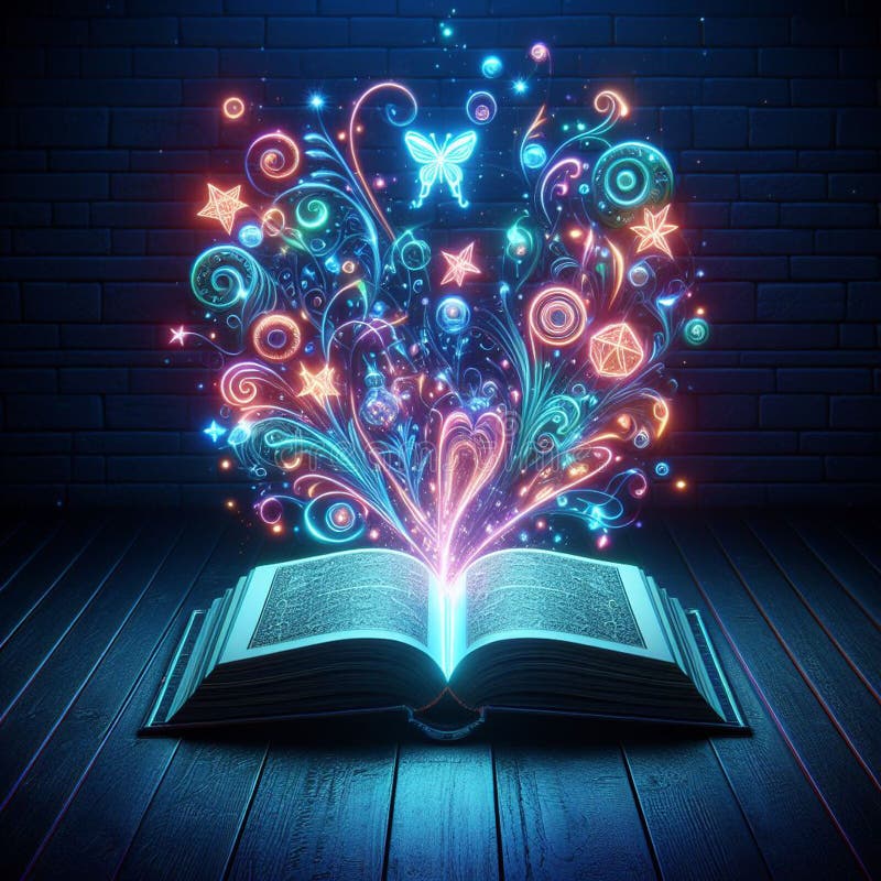 Open Glowing Neon Magic Book Lying on the Table. Illustration Created ...