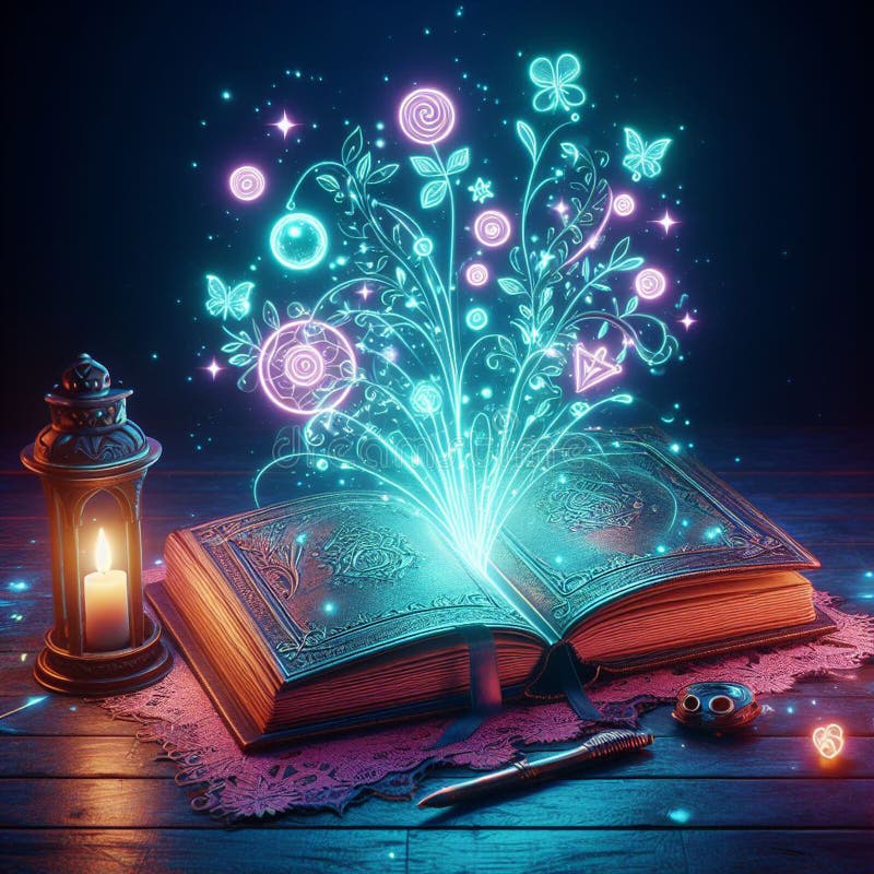 Open Glowing Neon Magic Book Lying on the Table. Illustration Created ...
