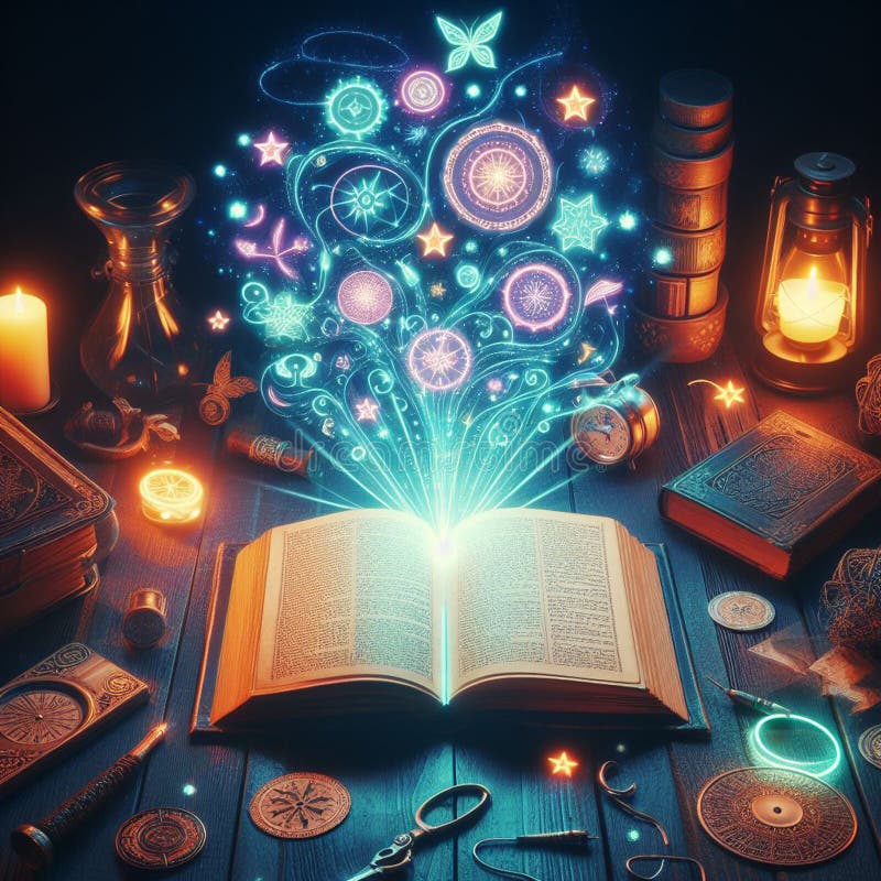 Open Glowing Neon Magic Book Lying on the Table. Illustration Created ...