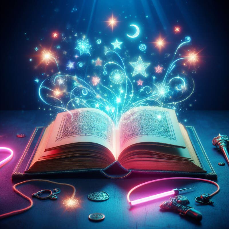 Open Glowing Neon Magic Book Lying on the Table. Illustration Created ...