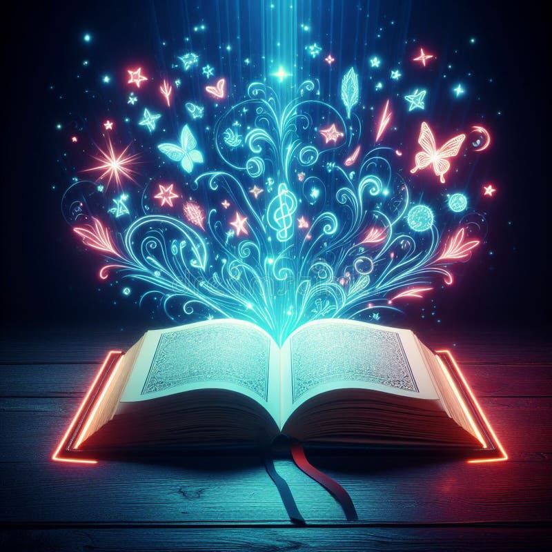 Open Glowing Neon Magic Book Lying on the Table. Illustration Created ...