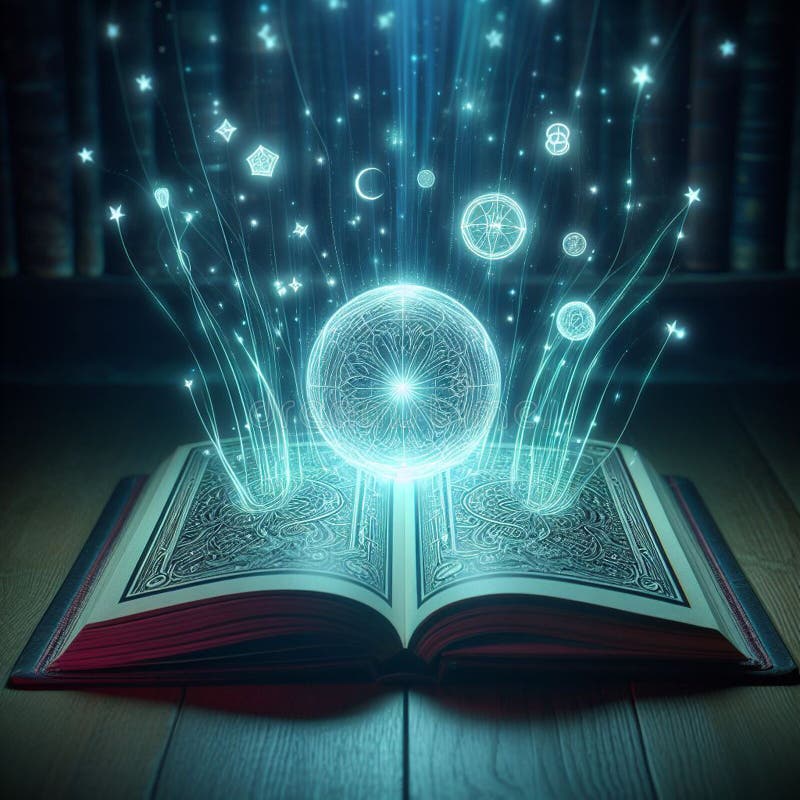 Open Glowing Neon Magic Book Lying on the Table. Illustration Created ...