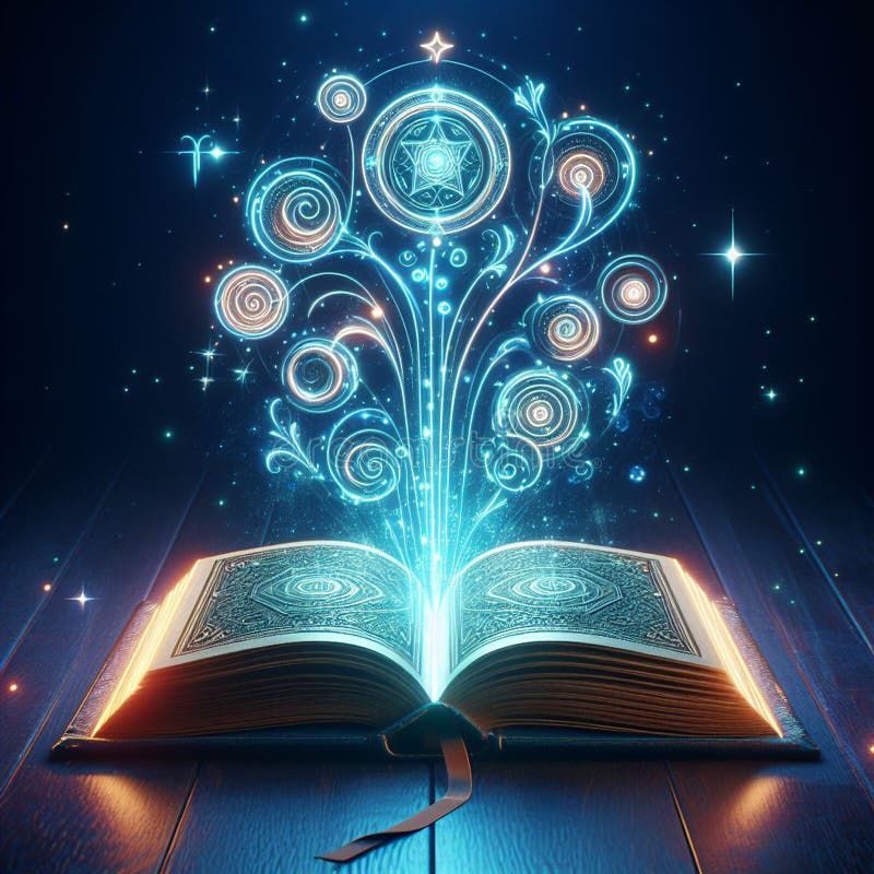 Open Glowing Neon Magic Book Lying on the Table. Illustration Created ...
