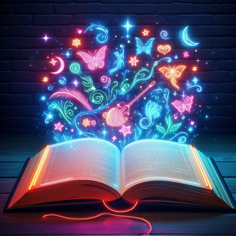 Open Glowing Neon Magic Book Lying on the Table. Illustration Created ...