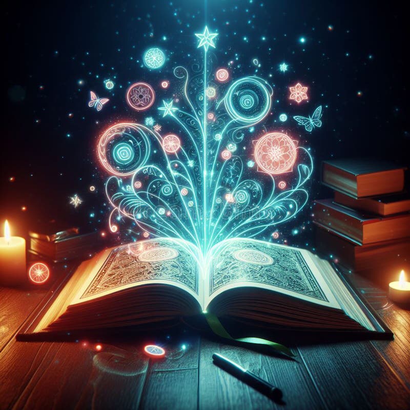 Open Glowing Neon Magic Book Lying on the Table. Illustration Created ...