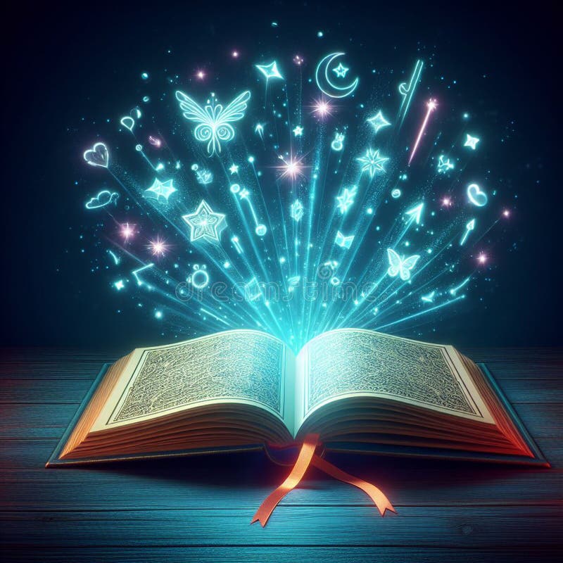 Open Glowing Neon Magic Book Lying on the Table. Illustration Created ...