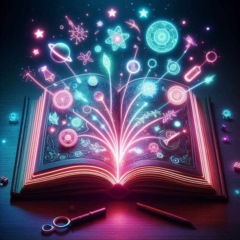 Open Glowing Neon Magic Book Lying on the Table. Illustration Created ...