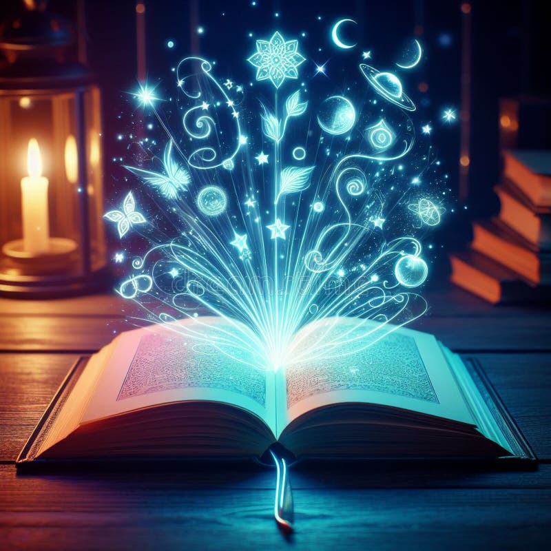 Open Glowing Neon Magic Book Lying on the Table. Illustration Created ...