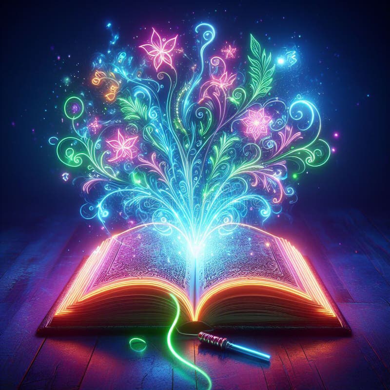Open Glowing Neon Magic Book Lying on the Table. Illustration Created ...