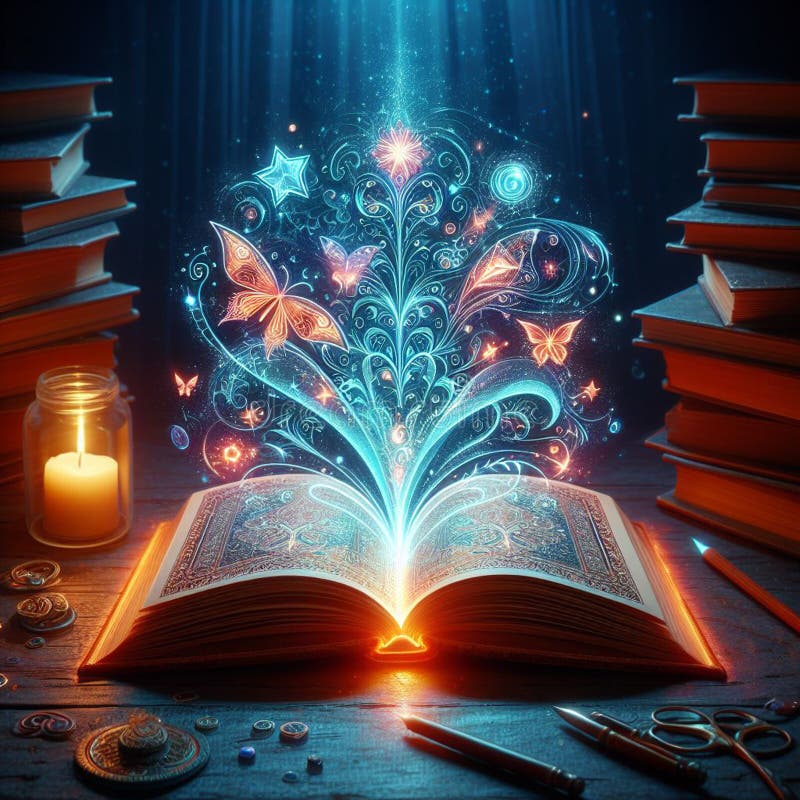 Open Glowing Neon Magic Book Lying on the Table. Illustration Created ...