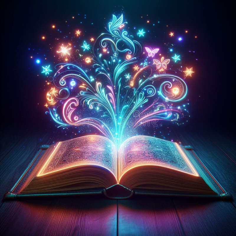 Open Glowing Neon Magic Book Lying on the Table. Illustration Created ...