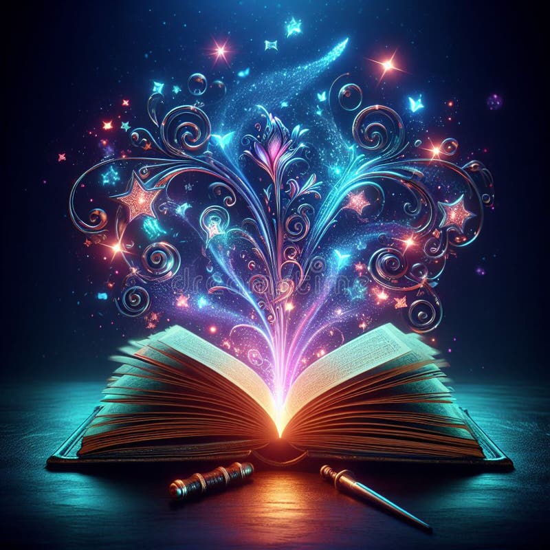 Open Glowing Neon Magic Book Lying on the Table. Illustration Created ...