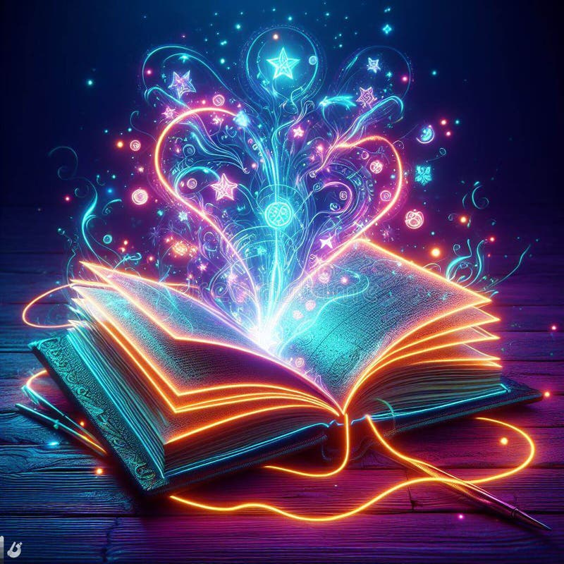 Open Glowing Neon Magic Book Lying on the Table. Illustration Created ...