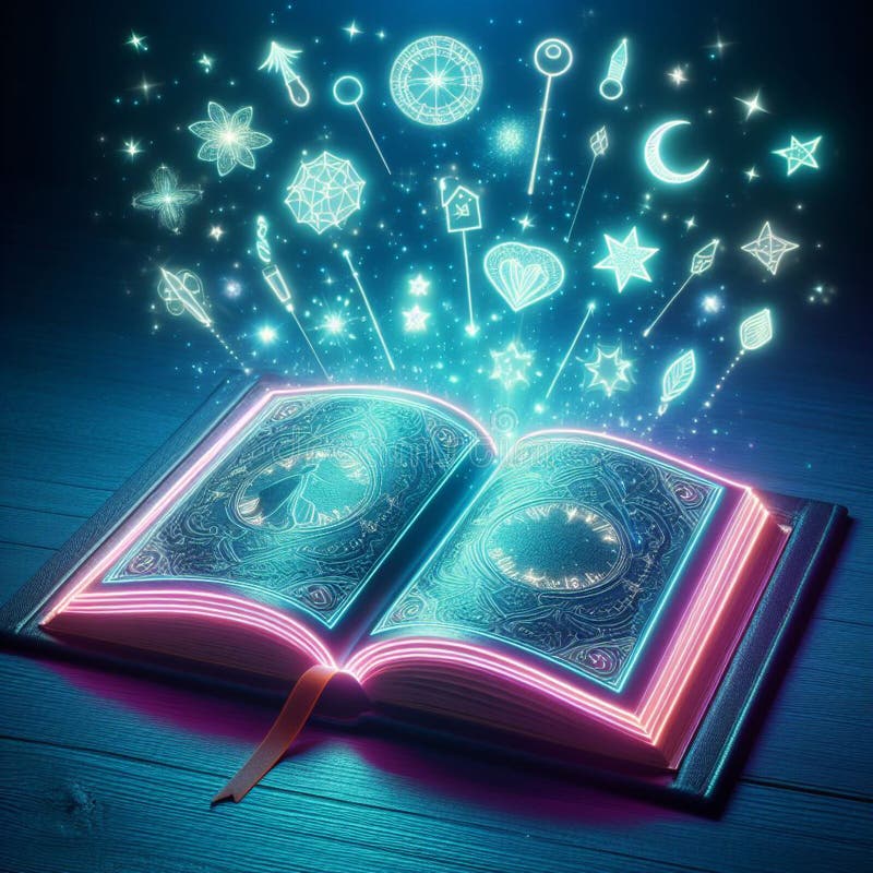 Open Glowing Neon Magic Book Lying on the Table. Illustration Created ...