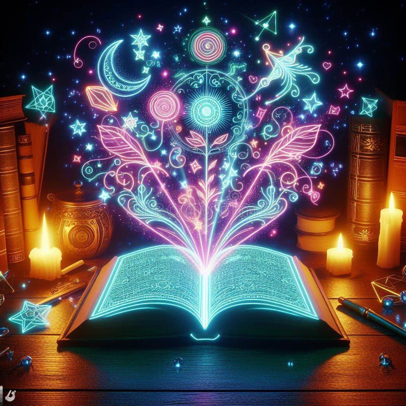 Open Glowing Neon Magic Book Lying on the Table. Illustration Created ...