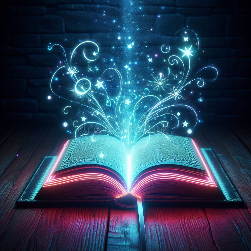 Open Glowing Neon Magic Book Lying on the Table. Illustration Created ...