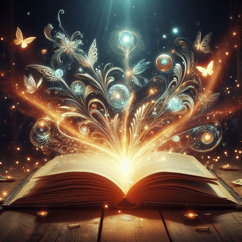 Open Glowing Neon Magic Book Lying on the Table. Illustration Created ...