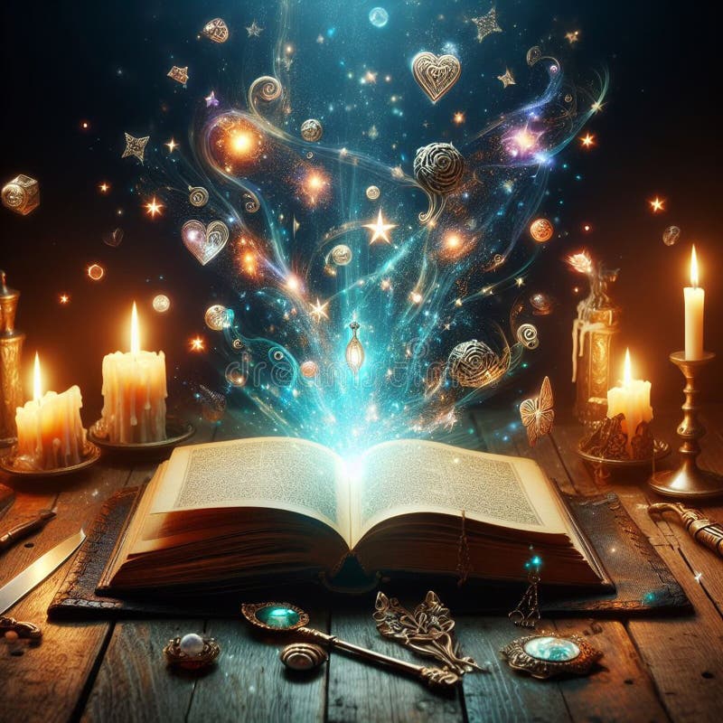 Open Glowing Neon Magic Book Lying on the Table. Illustration Created ...