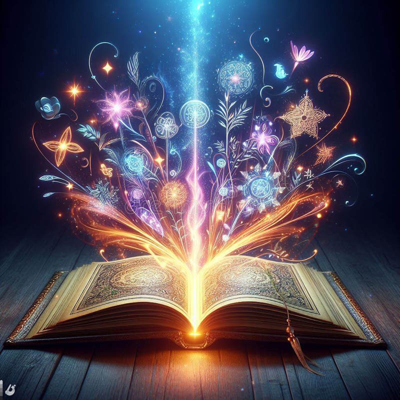 Open Glowing Neon Magic Book Lying on the Table. Illustration Created ...