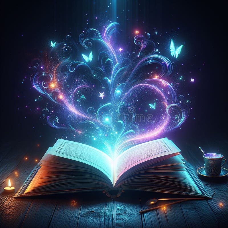 Open Glowing Neon Magic Book Lying on the Table. Illustration Created ...