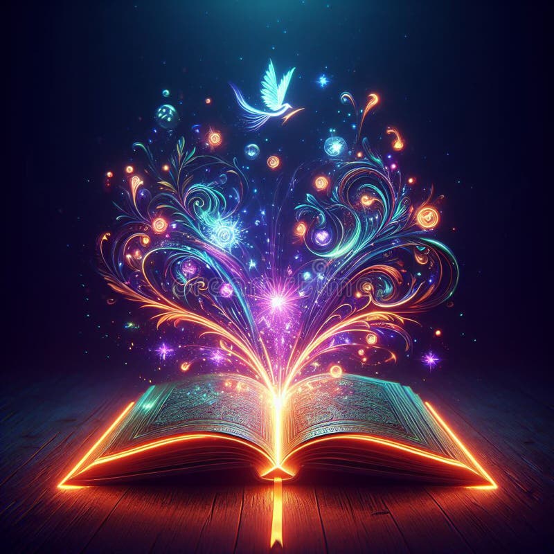 Open Glowing Neon Magic Book Lying on the Table. Illustration Created ...