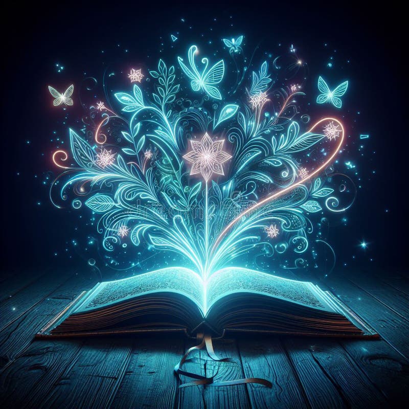 Open Glowing Neon Magic Book Lying on the Table. Illustration Created ...