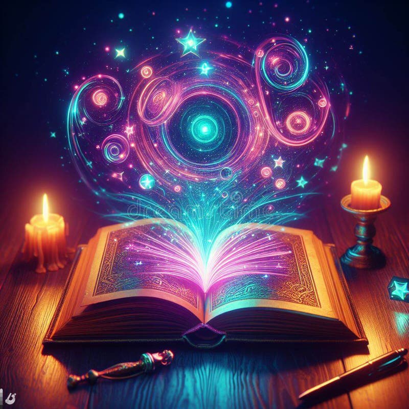 Open Glowing Neon Magic Book Lying on the Table. Illustration Created ...